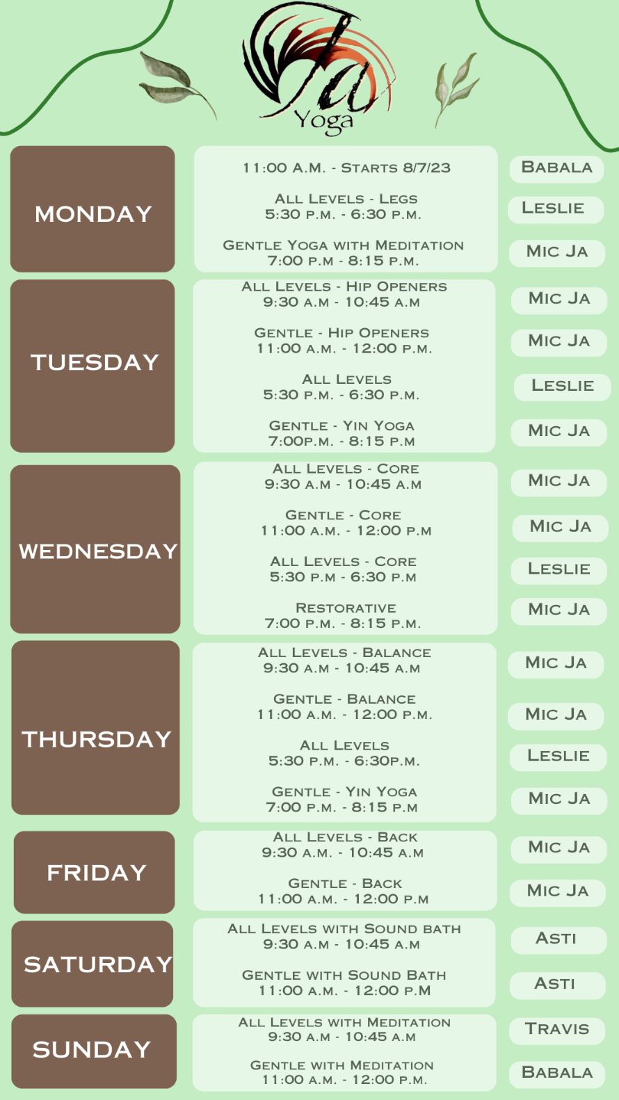 Ja Yoga Class Schedule